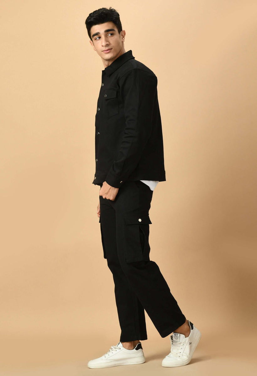 Black Overshirt with Button Detailing By Offmint - Elevate Your Everyd