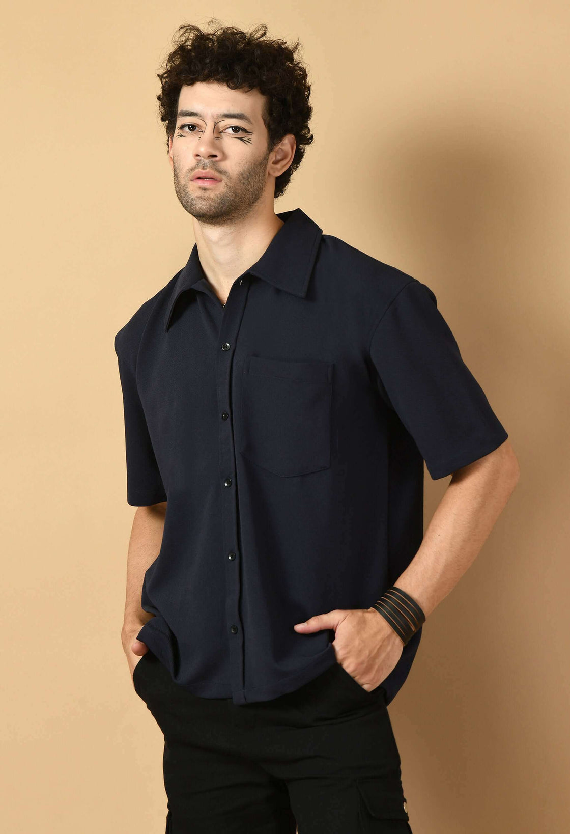 Navy Blue Half Sleeves Valentino Shirt with Button Accents By Offmint