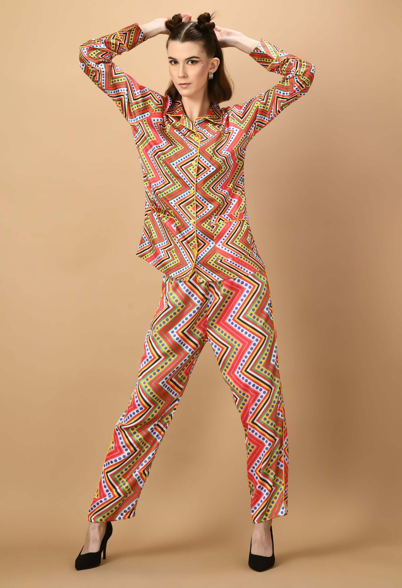 Red Printed Color Co-ord Set By Offmint
