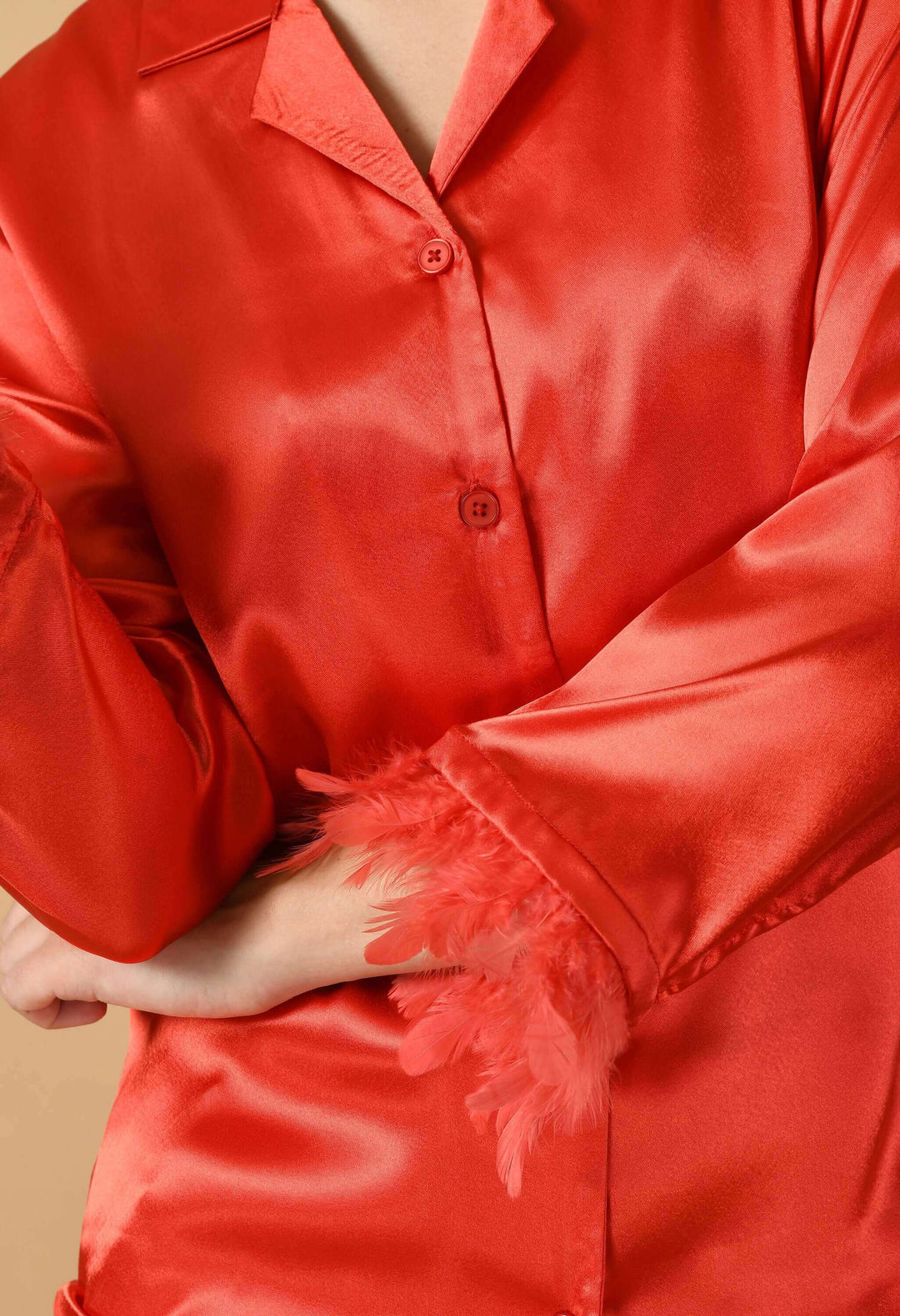 Satin Feather Red Co-Ord Set By Offmint