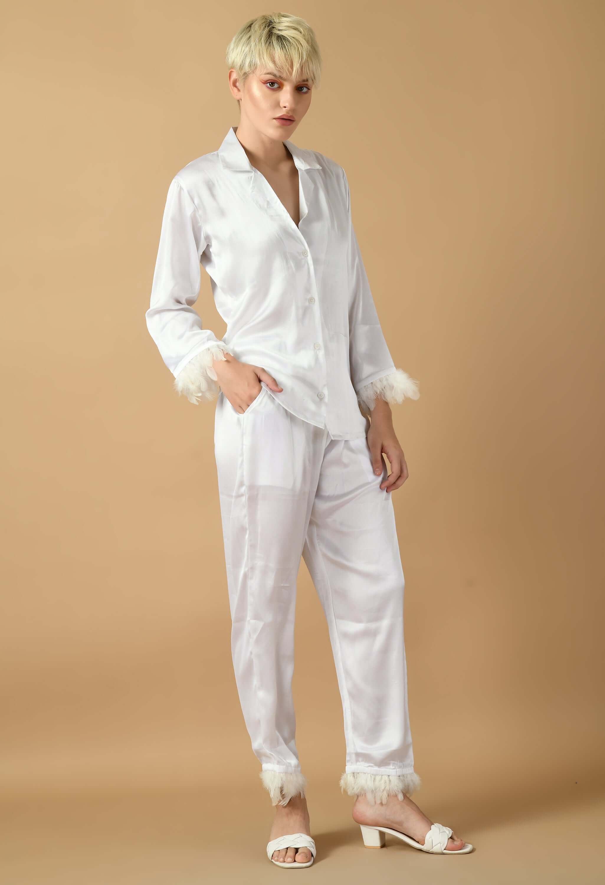 White Satin Feather Co-Ord Set For Women's By Offmint